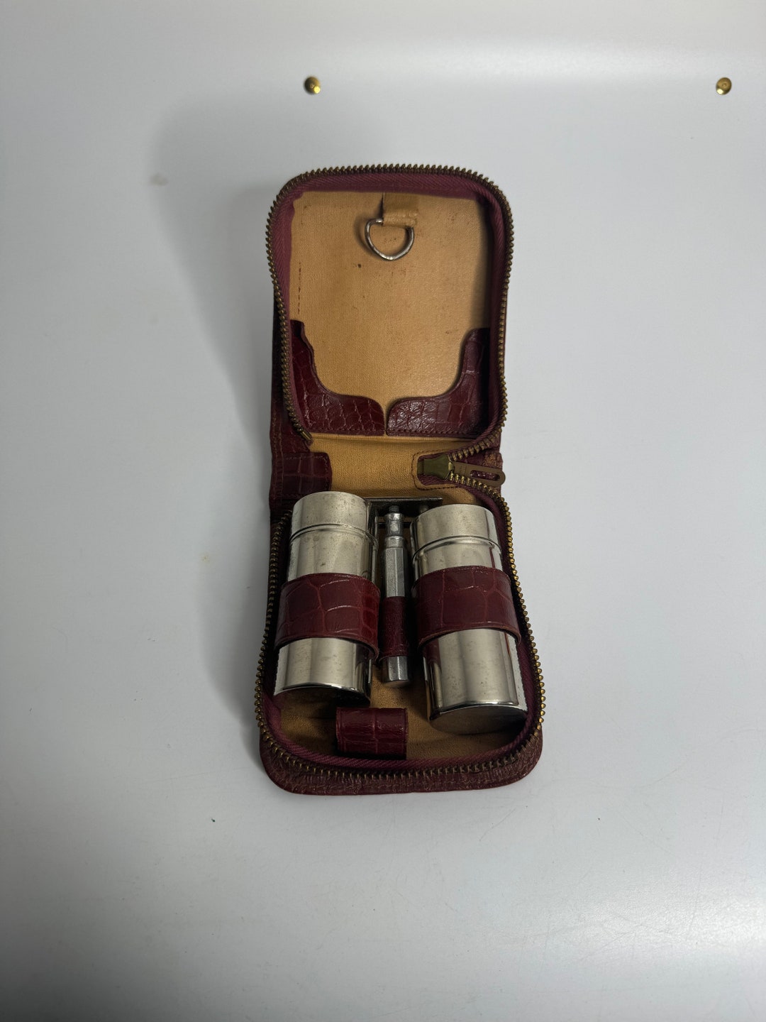 French Vintage Travel Shaving Set Leather Case With Brass Zipper ...