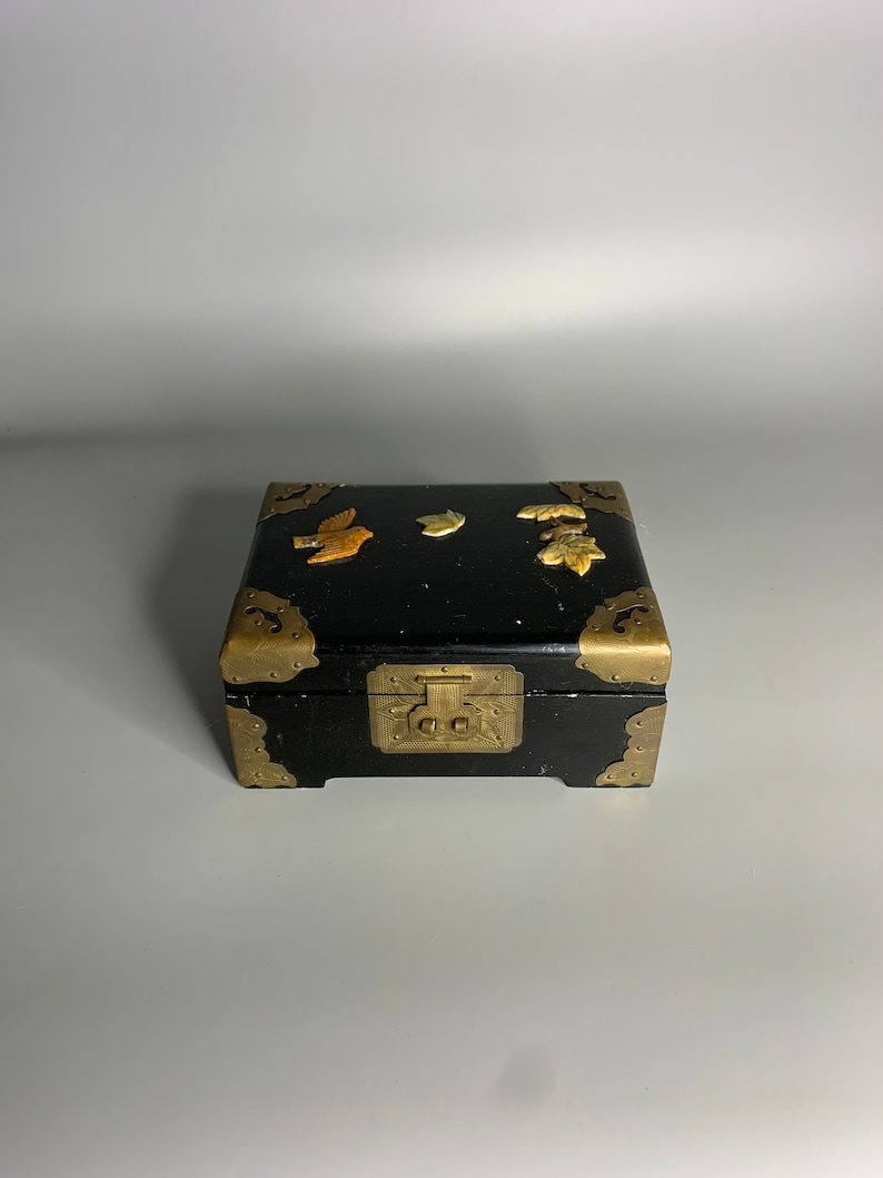 Japoneese Style Vintage Laquer Wooden and Brass Jewelry Box With Mirror ...