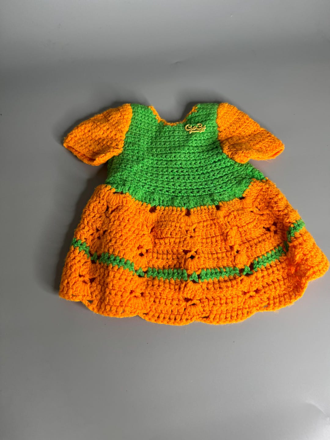 French Vintage Doll GéGé Crochet Dress Green and Orange Woven From 1960 ...