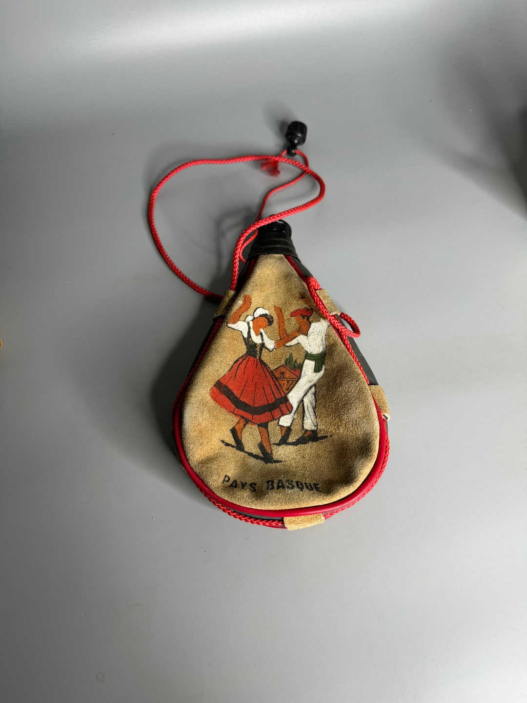 French Vintage Pays Basque Souvenir Drinking Gourd - Leather Like Skin ...