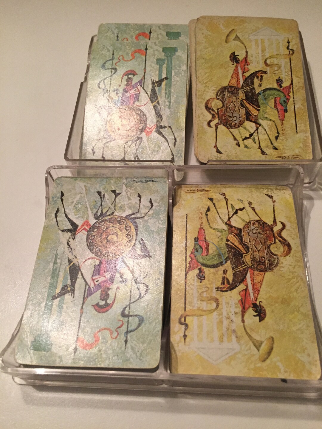 Vintage Card Decks Playing Cards in Plastic Box One Yellow & Green ...