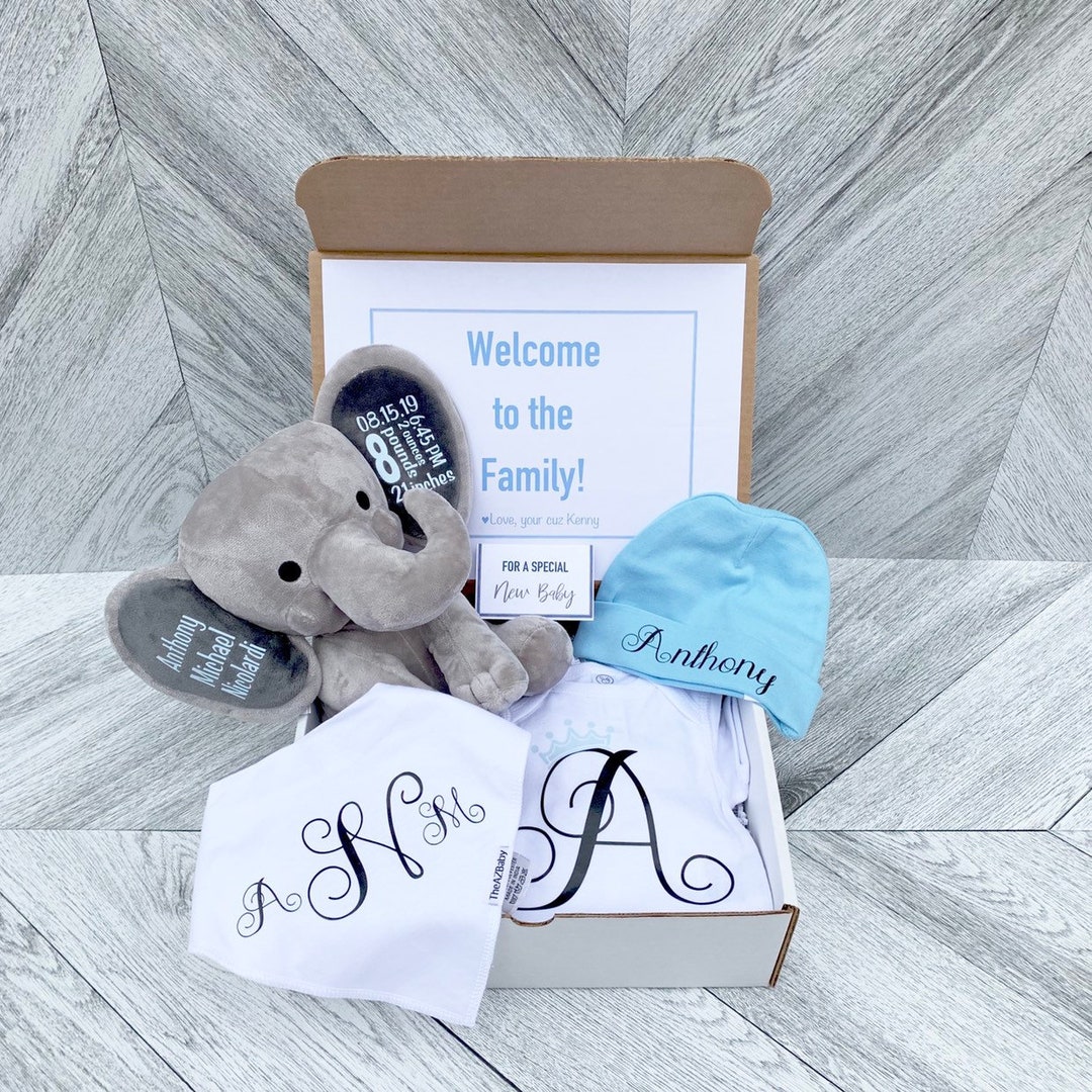 Newborn Baby Gift Box - Personalized Elephant, Snapper Baby Body Suit ...