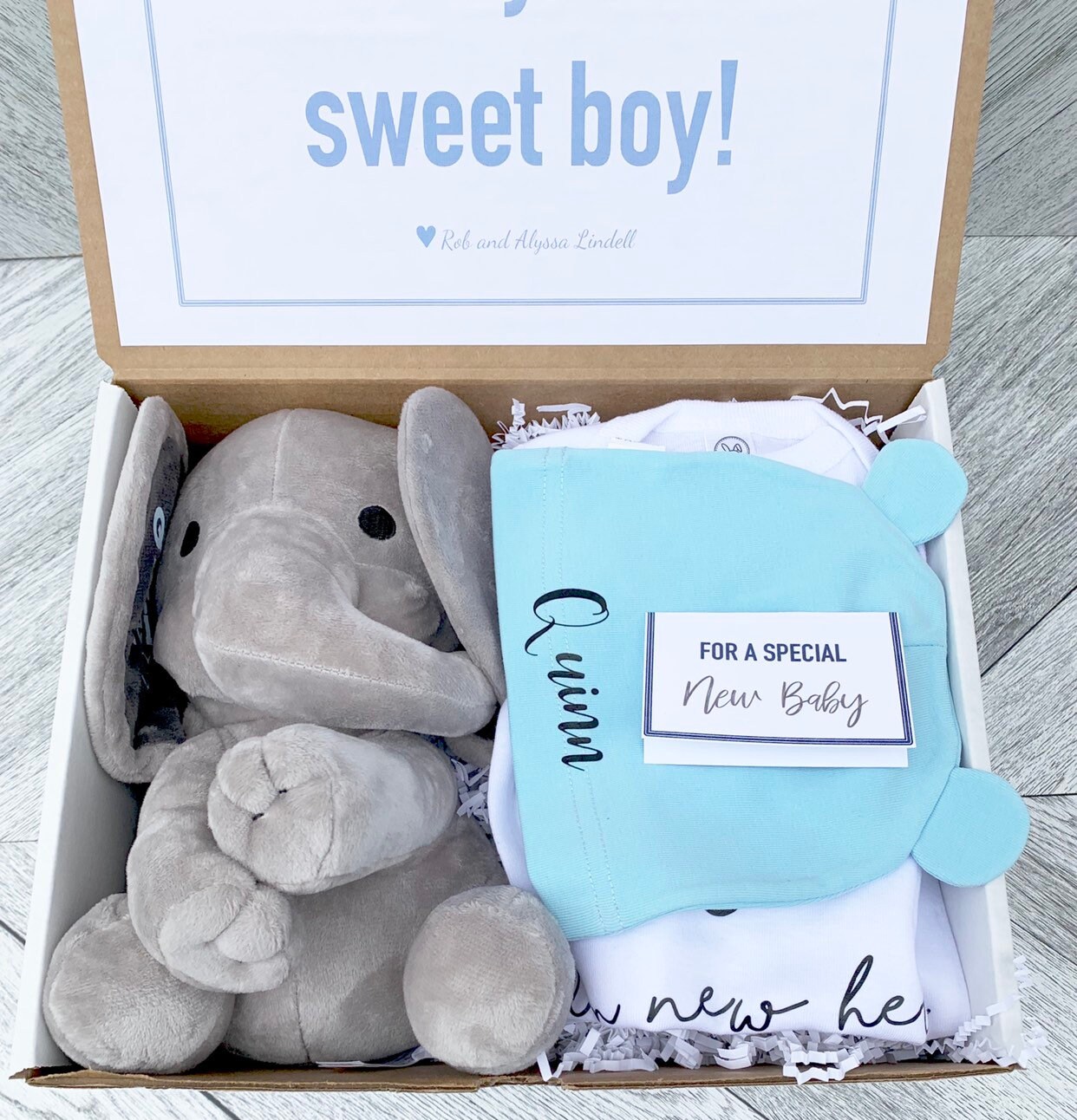Newborn Baby Gift Box Personalized Elephant Body Suit And Beanie Newborn Baby Gift Box Personalized Elephant Body Suit And Beanie
