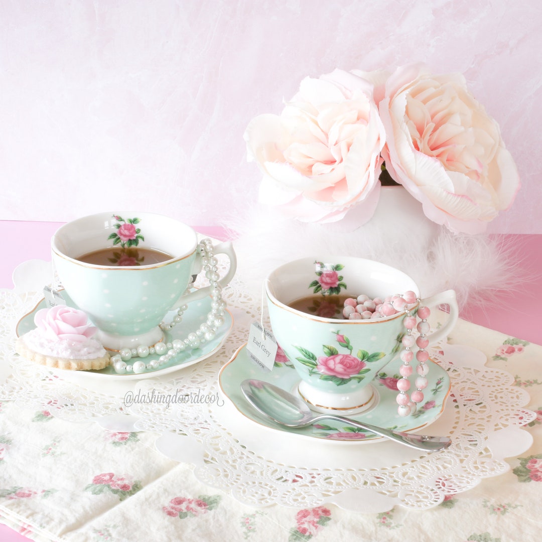 Fake Tea, Fake Teacup With Saucer, Mint Green Floral Teacup, Faux Cup ...