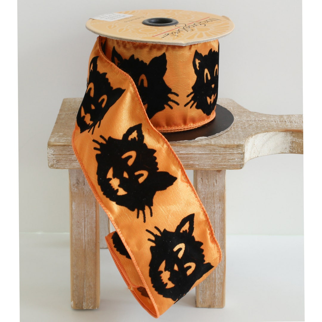 Orange Halloween Ribbon, Flocked Cat Ribbon, Cat Halloween Ribbon ...
