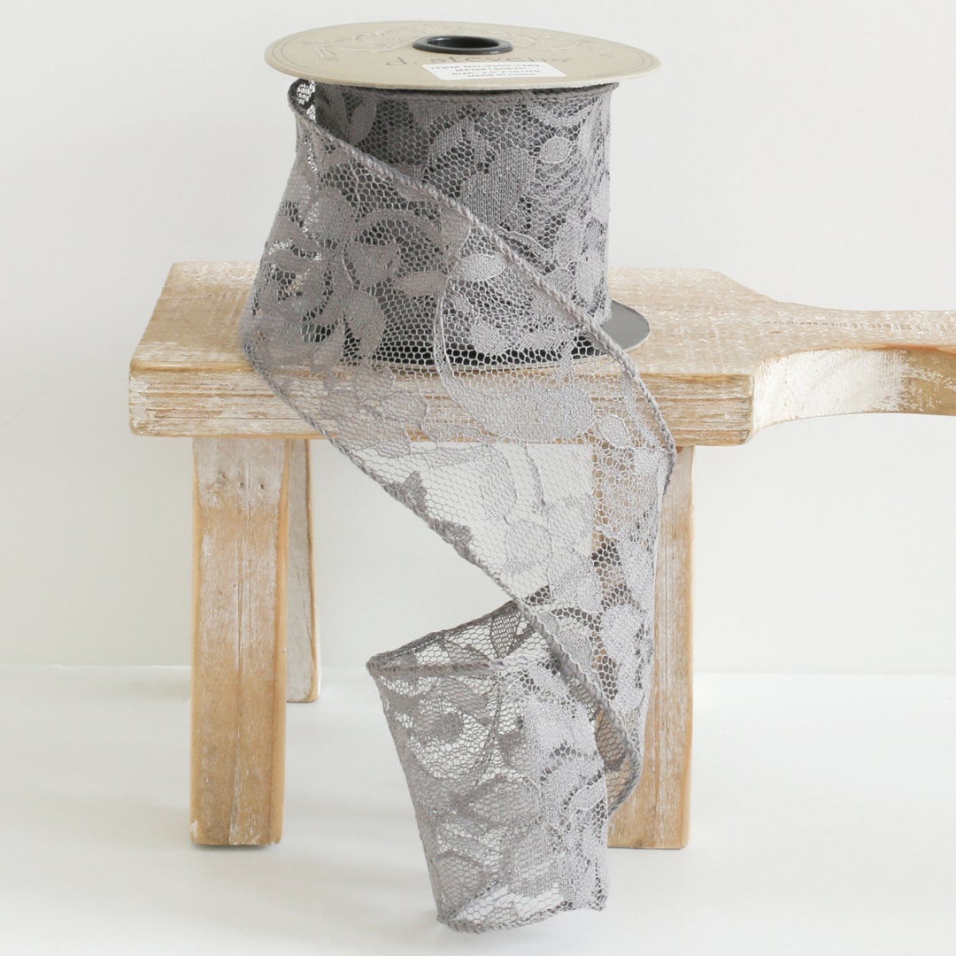 2.5 Gray Lace Ribbon, Lace Wired Ribbon, Grey Lace Ribbon, Designer ...