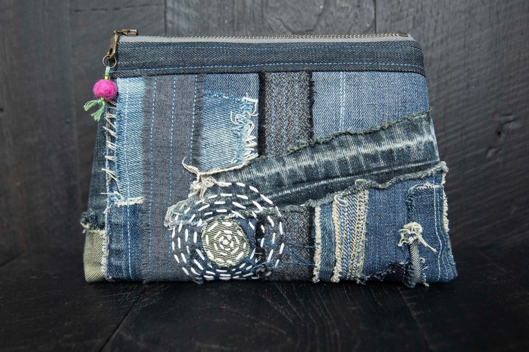 Zippered Denim Patchwork Bag. Upcycled Jeans Purse. Denim Clutch Bag ...