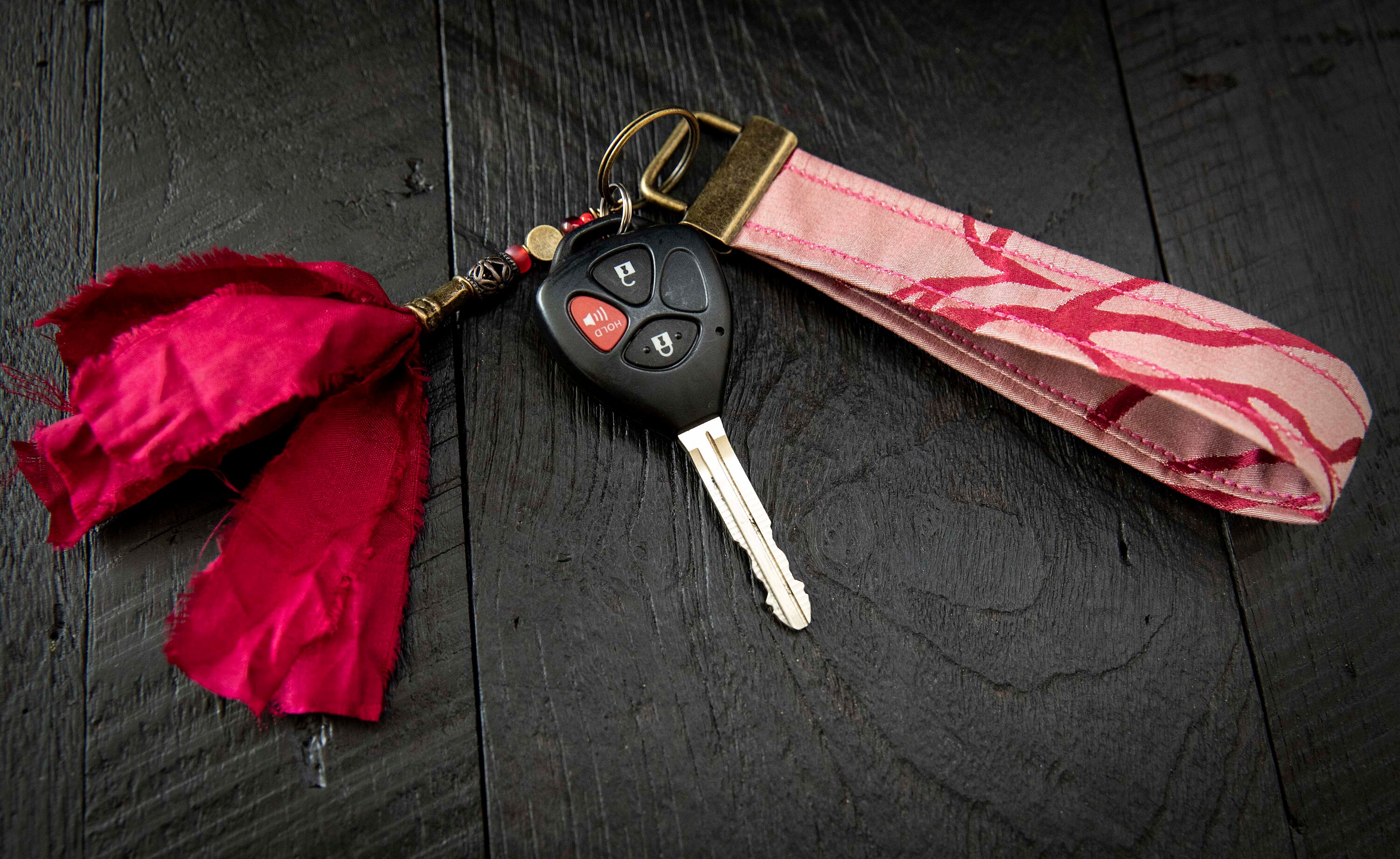Dusky Pink Designer Fabric Key Fob. Wristlet Loop With Sari Silk Tassel ...