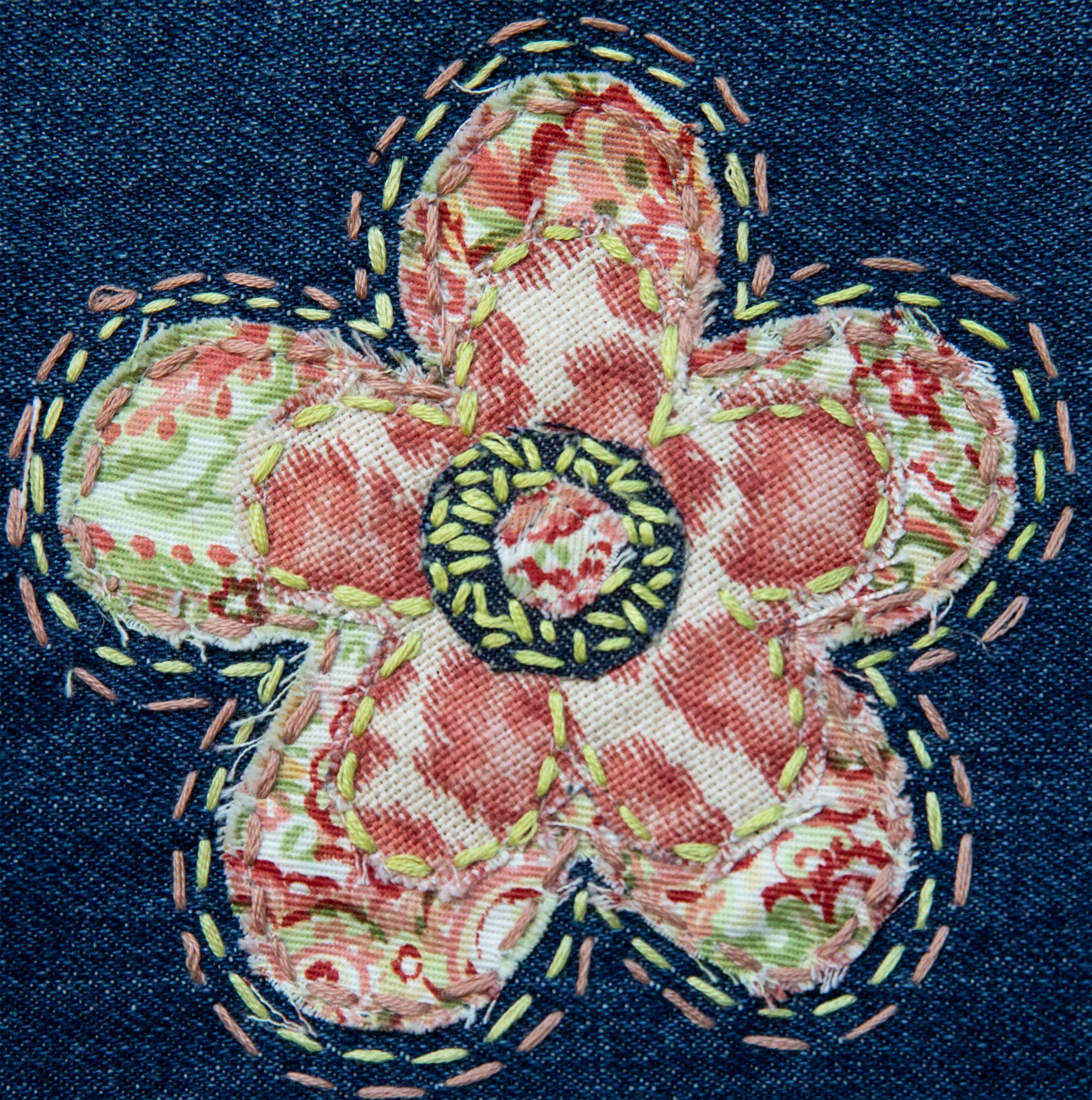 Denim and Upcycled Designer Fabric Patch. Embroidered Appliqué Flower ...