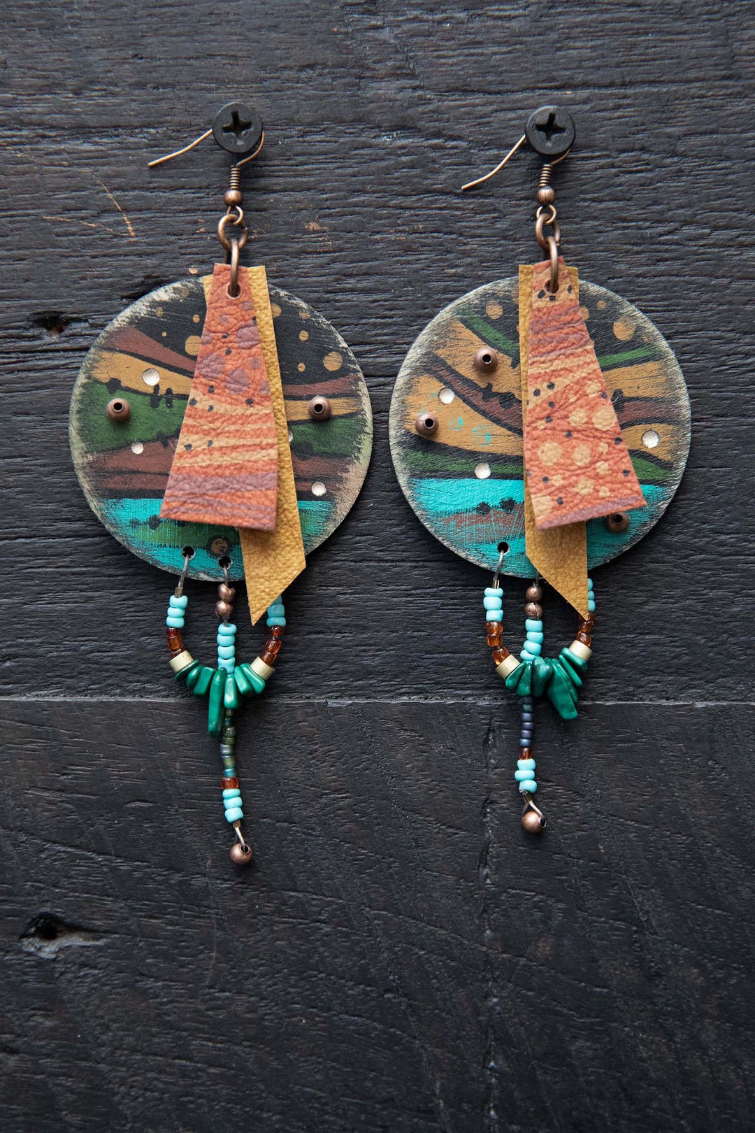 Large Hand-painted Wood, Paper, and Glass Bead Earrings. Earthy Colored ...