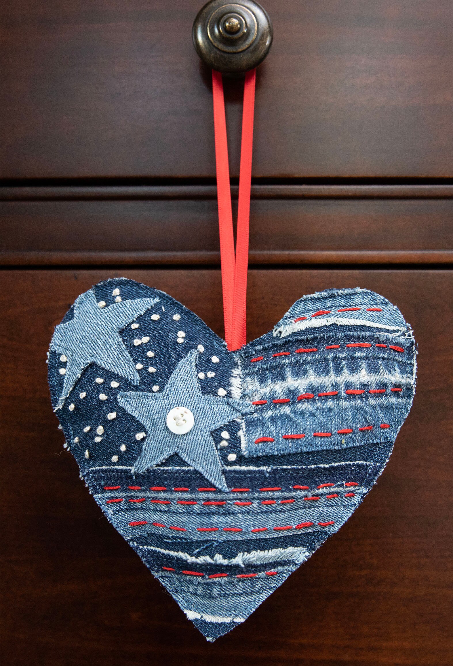 Denim Stars and Stripes Embroidered Heart. Large Stuffed Heart - Etsy