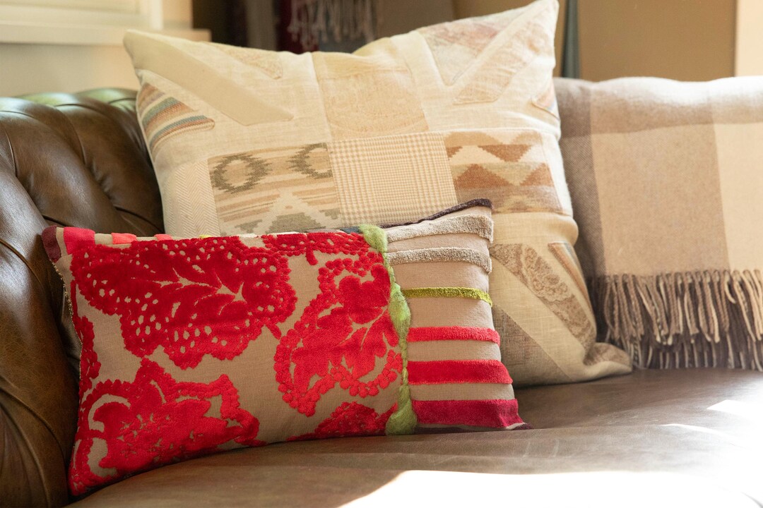 Red & Chartreuse Cut Velvet Modern Patchwork Designers Guild Pillow ...