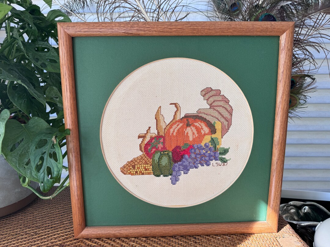 Handmade 1987 Cornucopia Framed Cross Stitch Picture Fall Seasonal ...