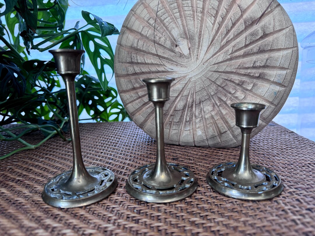 Vintage Set of 3 Brass Candle Holders Candlesticks | Filigree Bases ...
