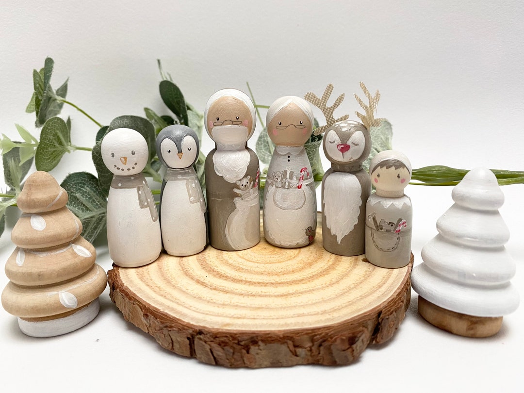Rustic WHITE CHRISTMAS Santa Peg Doll Gift Set , Neutral Decor ...