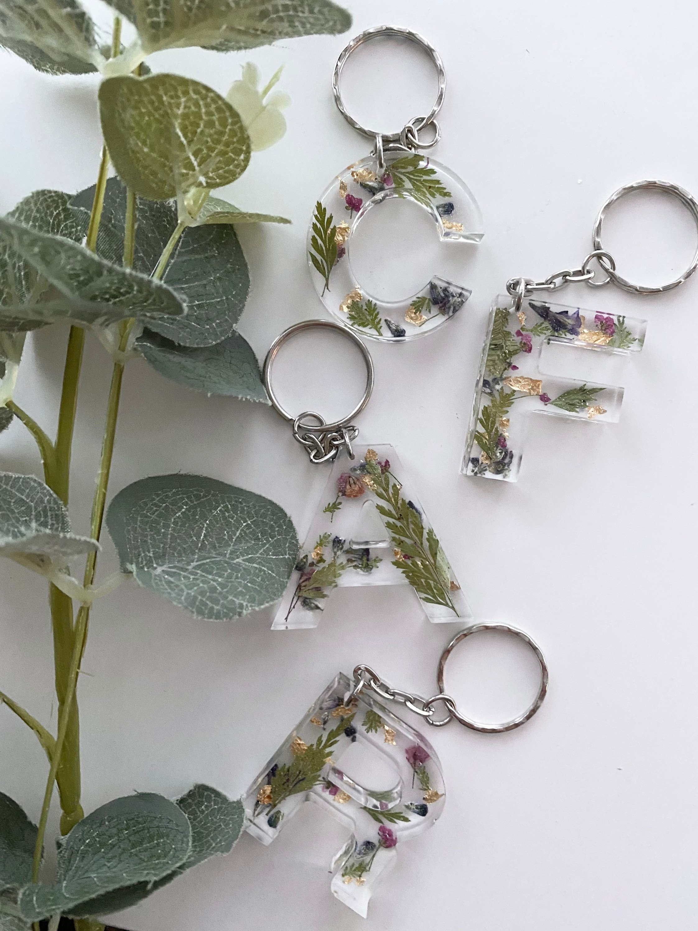 INITIAL Resin KEY RINGS Flowers Ferns Lavender Watermelon Gifts Natural ...