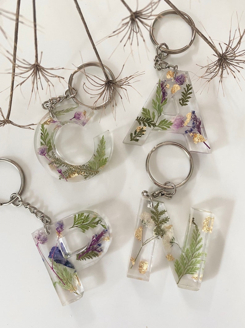 INITIAL Resin KEY RINGS Flowers Ferns Lavender Watermelon Gifts Natural ...