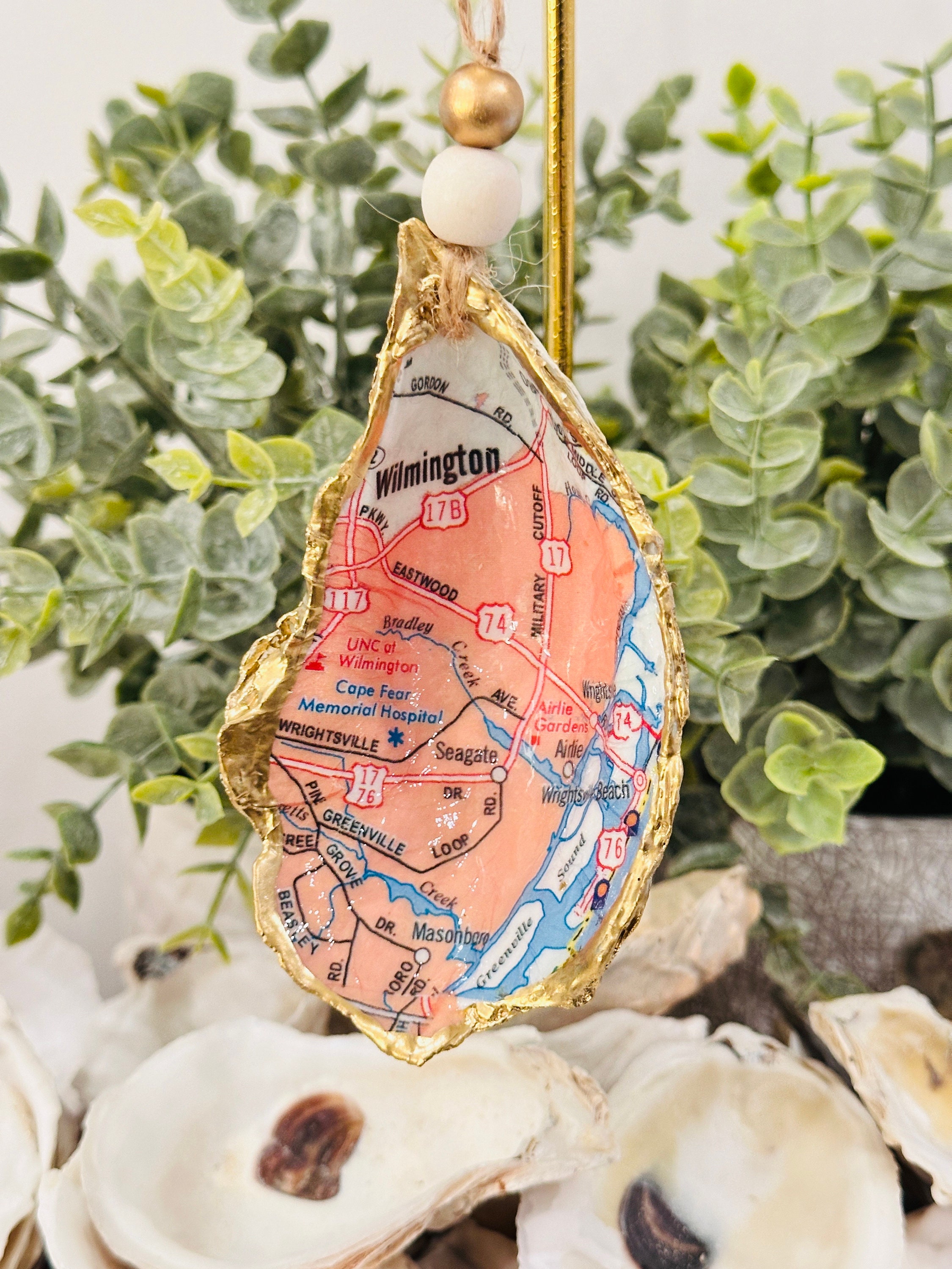 Wilmington North Carolina Nautical Map Oyster Shell Ornament, Decoupage ...