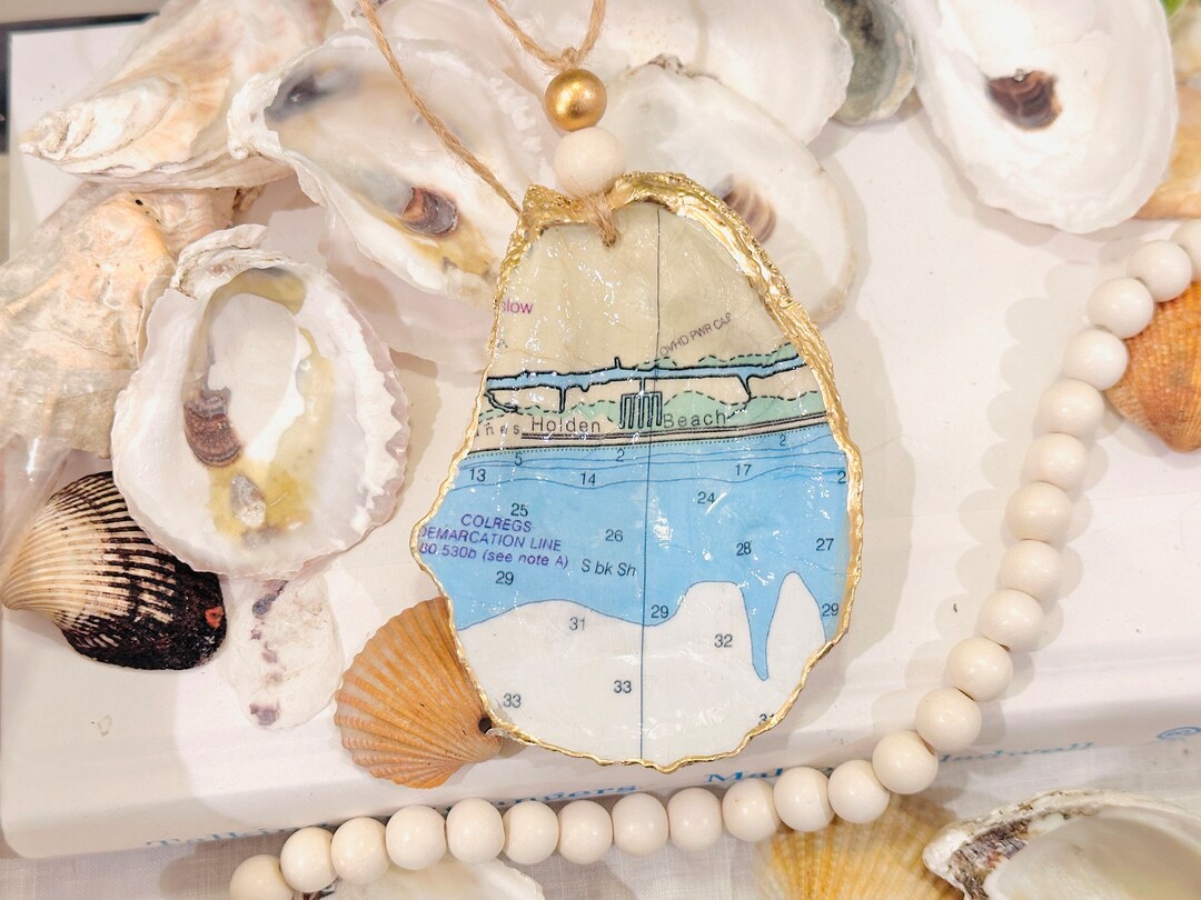 Holden Beach North Carolina Map Oyster Shell Ornament, Decoupage Shell ...