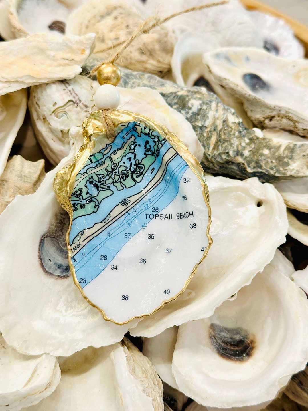 Topsail Beach Map Oyster Shell Ornament: Gold Leaf Seashell Art - Etsy