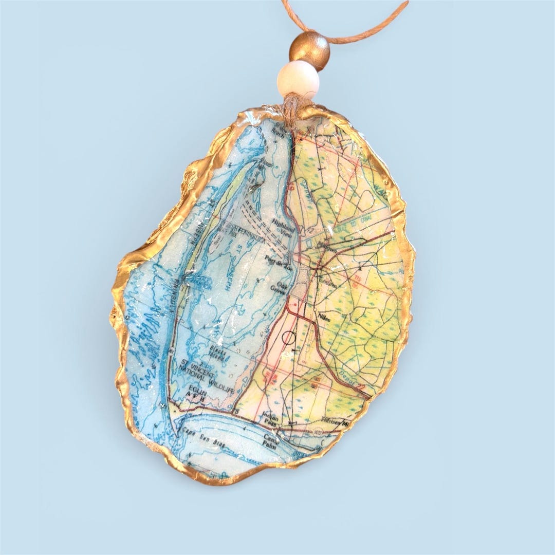 Cape San Blas Florida Map Oyster Shell Ornament: Gold Leaf Nautical ...