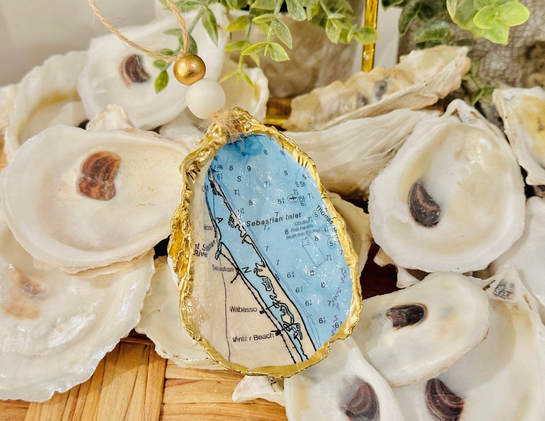 Sebastian Inlet Florida Nautical Map Oyster Shell Ornament, Decoupage ...
