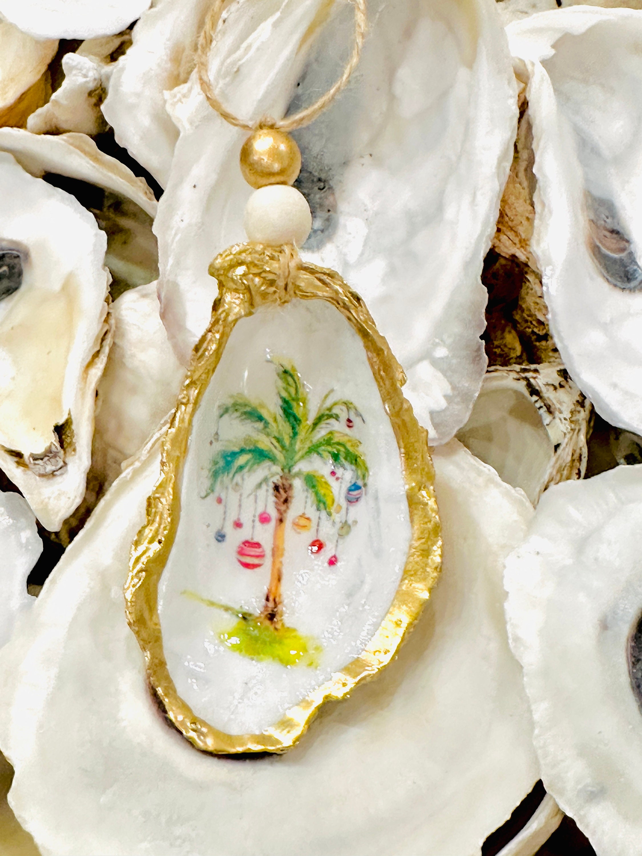 Palm Tree Oyster Shell Ornament, Decoupage Oyster Shell, Oyster Shell ...