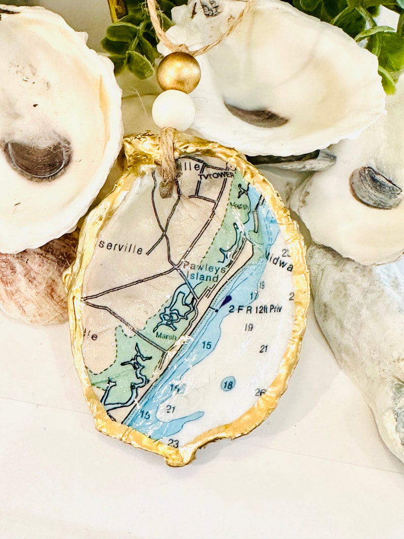 Pawleys Island South Carolina Map Oyster Shell Ornament, Decoupage ...
