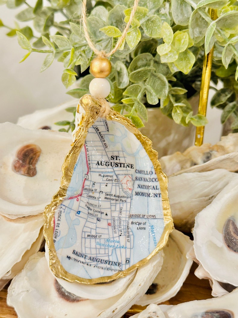 St. Augustine Florida Map Oyster Shell Ornament, Decoupage Shell Art ...