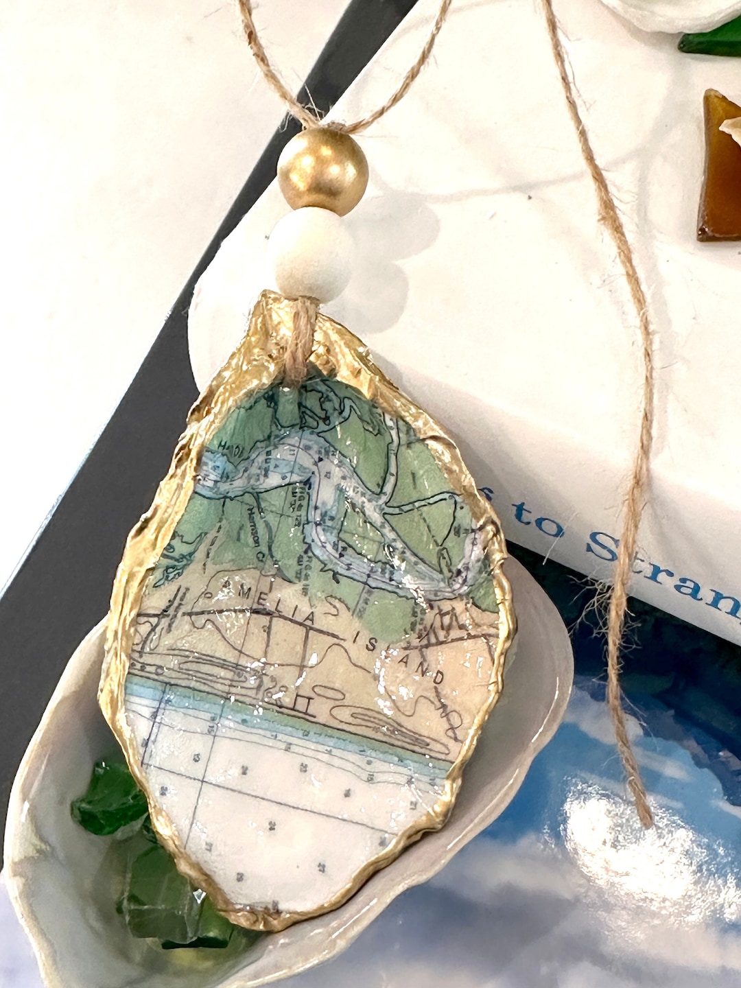Amelia Island Florida Nautical Map Oyster Shell Ornament, Decoupage ...