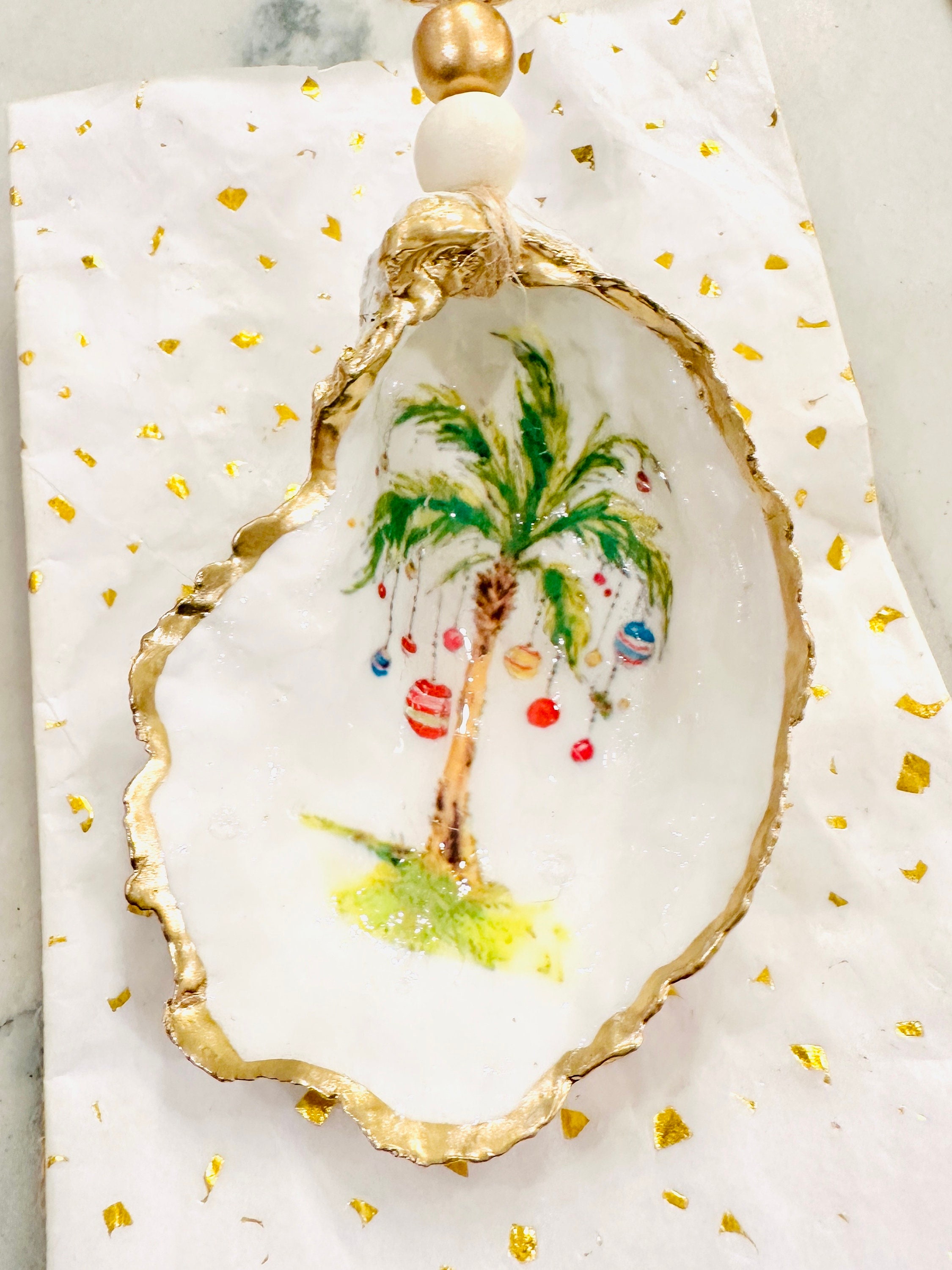Palm Tree Oyster Shell Ornament, Decoupage Oyster Shell, Oyster Shell ...