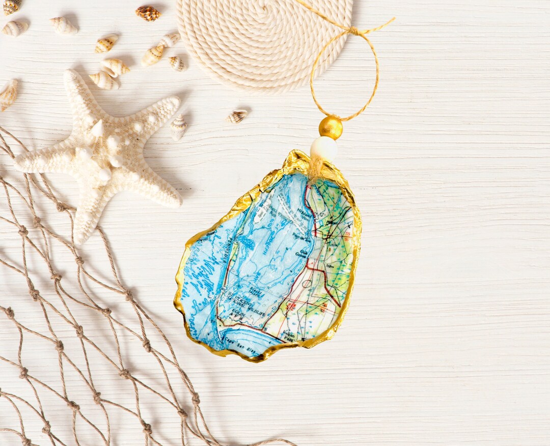 Cape San Blas Florida Map Oyster Shell Ornament: Gold Leaf Nautical ...
