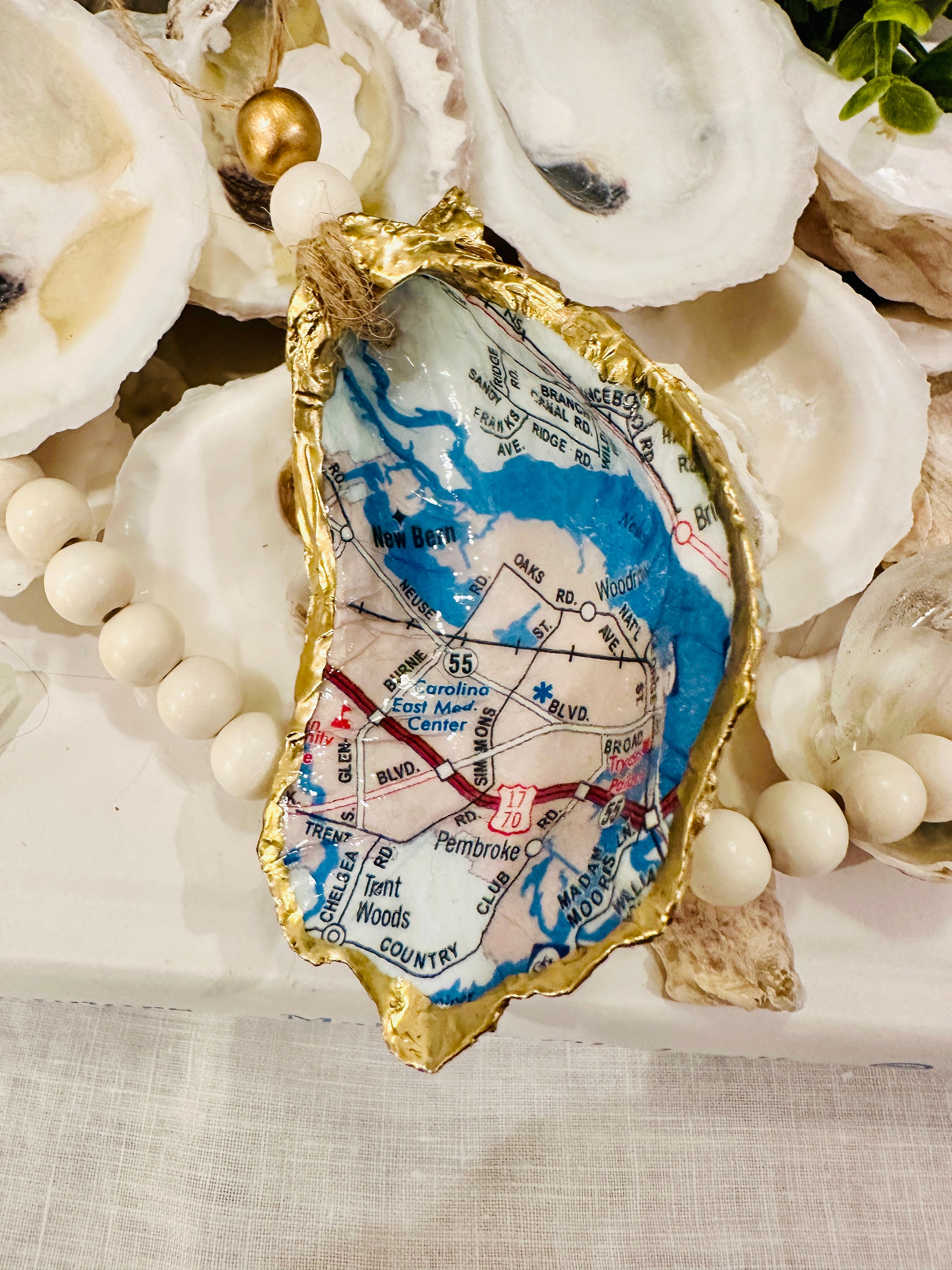 New Bern North Carolina Map Oyster Shell Ornament, Decoupage Shell ...
