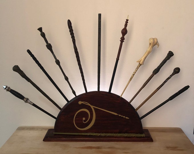 Rustic Wand Display Stand, Dark Wooden Rack Holds up to 11 Wizard Wands ...