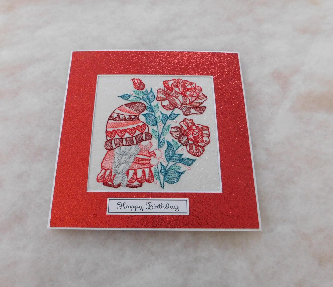 Embroidered Birthday Card: June Flower Gnome, Handmade 7.5" Square - Etsy