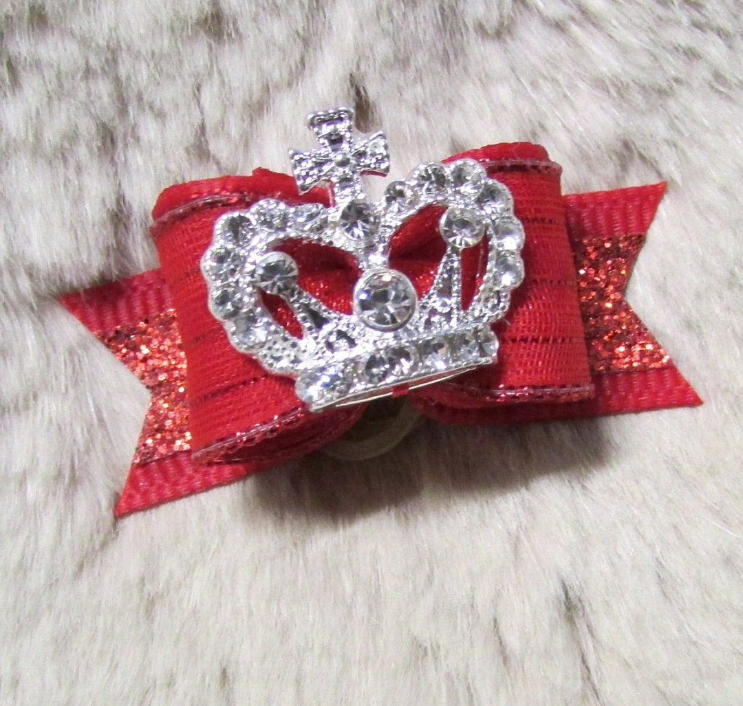 Crown Dog Hair Bow - 5/8 Single Loop Dog Crown Red Glitter - Yorkie Bow ...