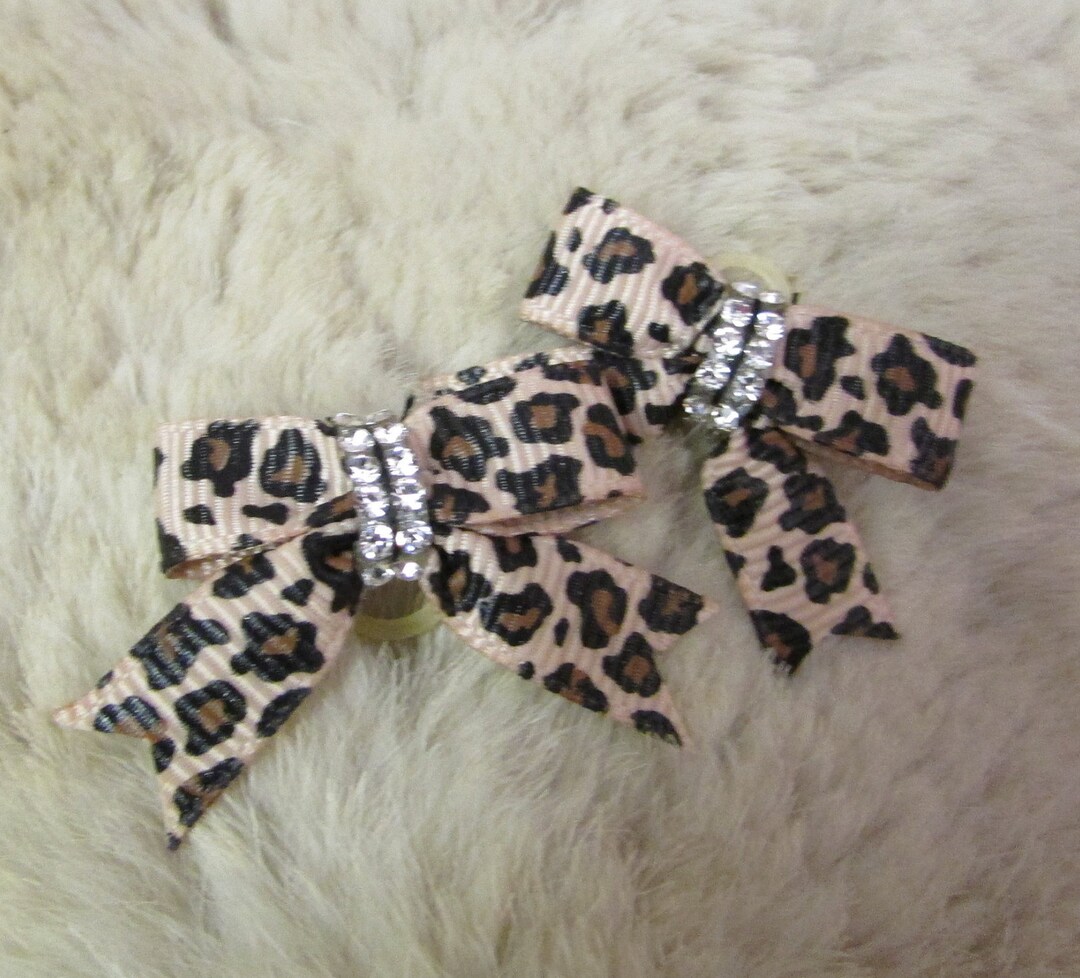 Leopard Dog Bow - 3/8" Xs Tiny Tie Single Loop Leopard Tails Down Bling ...