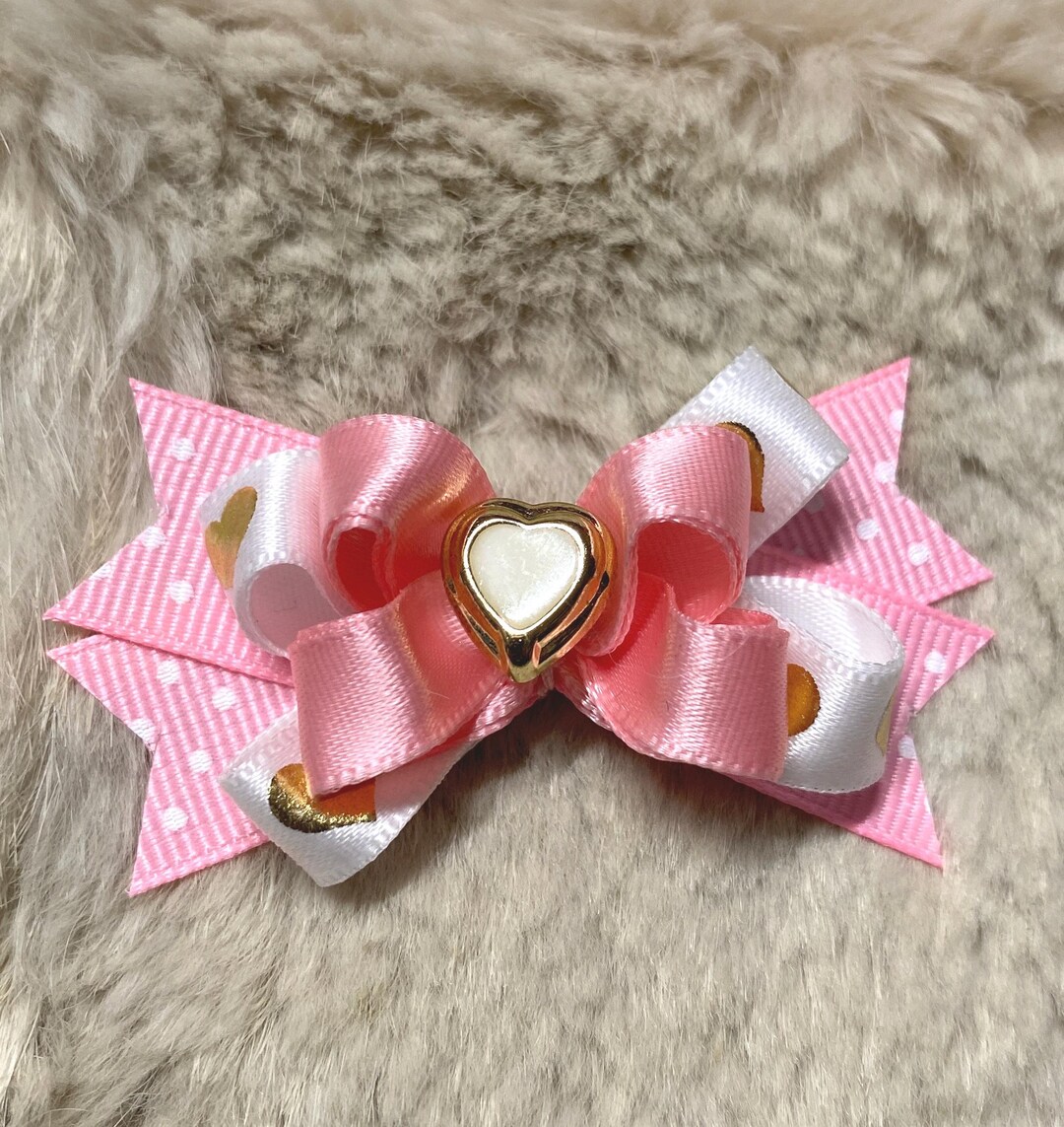 Valentine Dog Hair Bow 2 1/2 Boutique Bow Yorkie Pink White Gold Hearts ...
