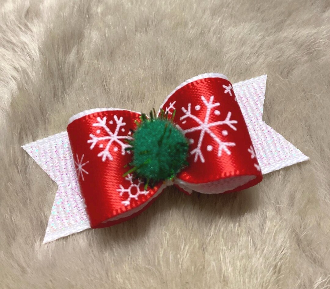 Christmas Dog Bow Snowflake Pom Pom Red White Green - Etsy