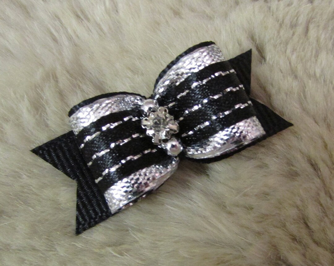 Black Silver Dog Hair Bow - 5/8 Single Loop - Yorkie/ Maltese/ Shih Tzu ...