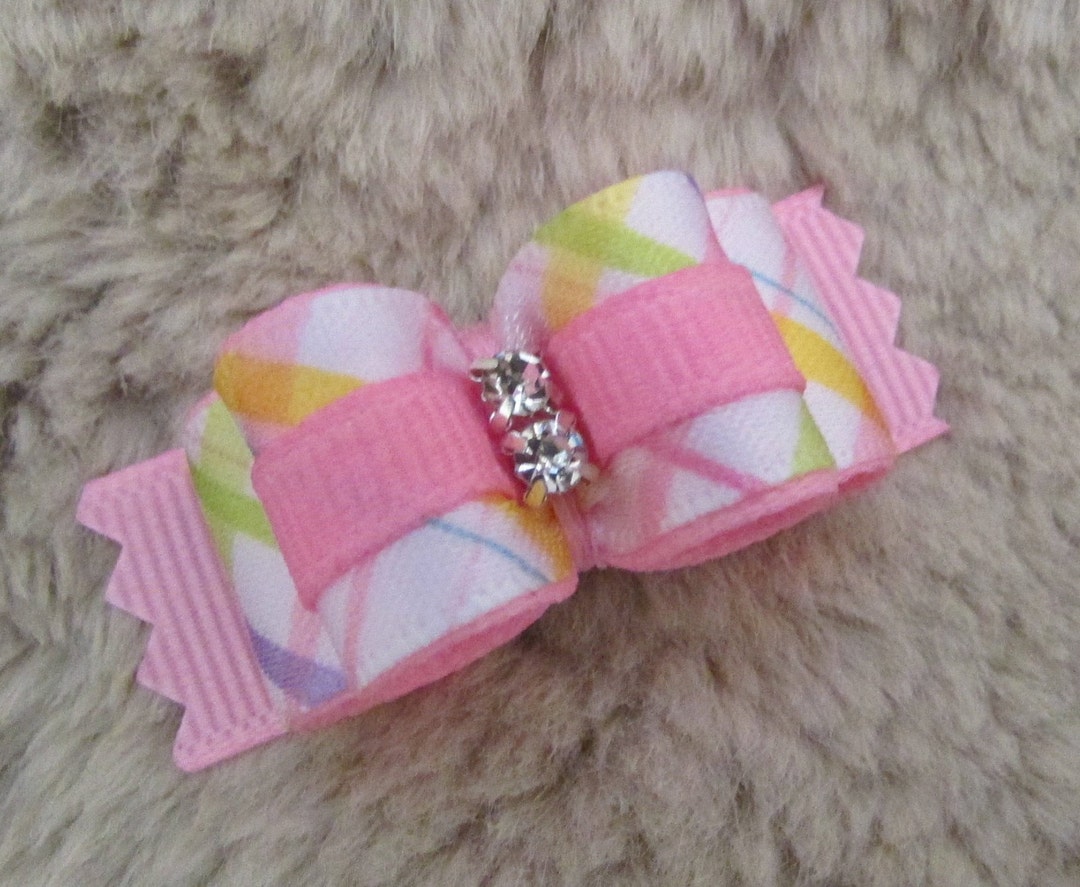 Pink Gingham Dog Hair Bow - 5/8 Double Loop Easter - Yorkie Bow+ Spring ...