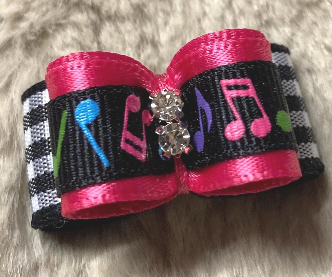 Musical Notes Dog Bow: Pink & Black Show Bow for Yorkie - Etsy