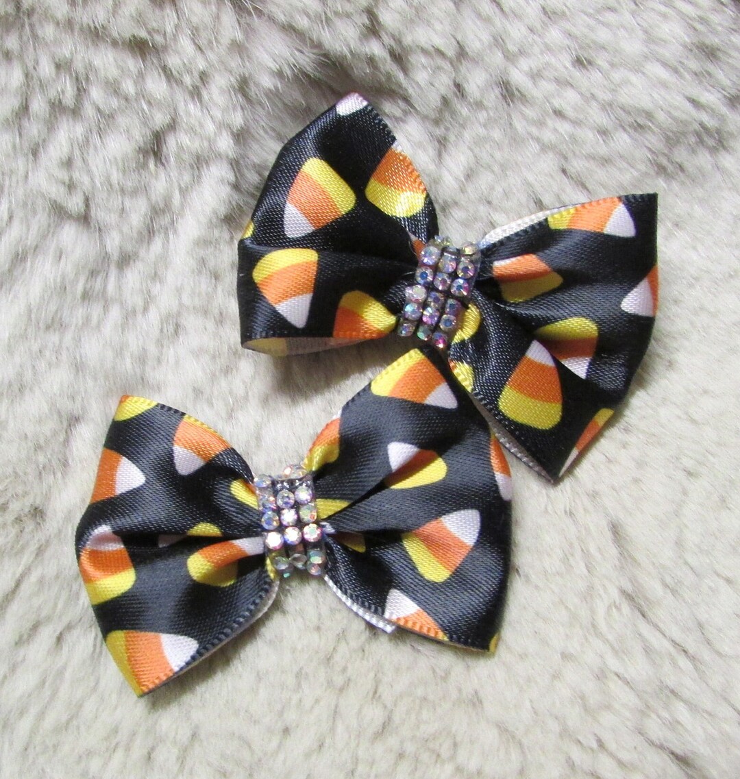 Halloween Candy Corn Dog Hair Bows - 2” Pigtail Bows Black, Yellow ...