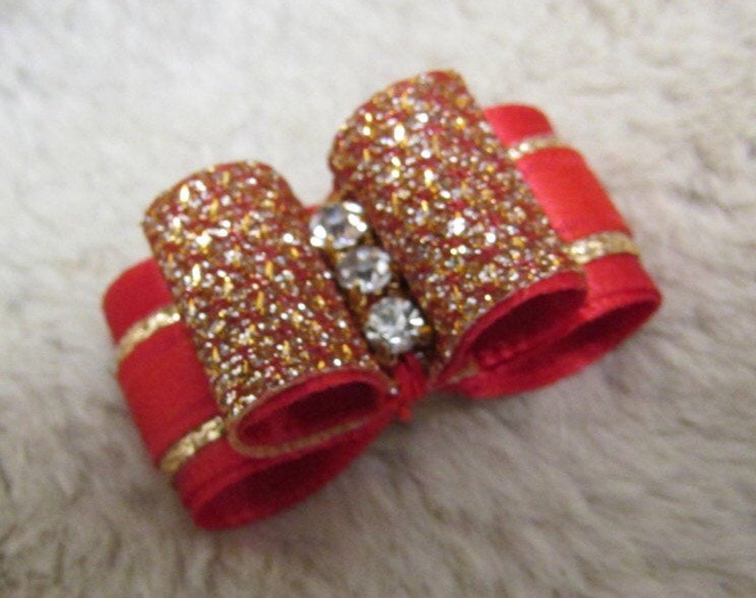Red Gold Show Dog Hair Bow - 5/8 Double Loop - Yorkie Bow+ - Christmas ...