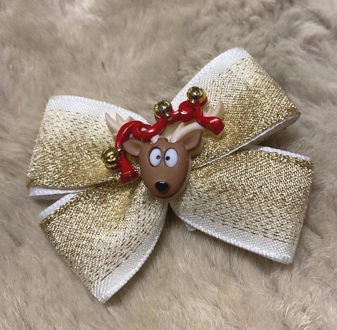 Reindeer Dog Hair Bow - 2 1/2” Butterfly Style - Christmas Cream Gold ...