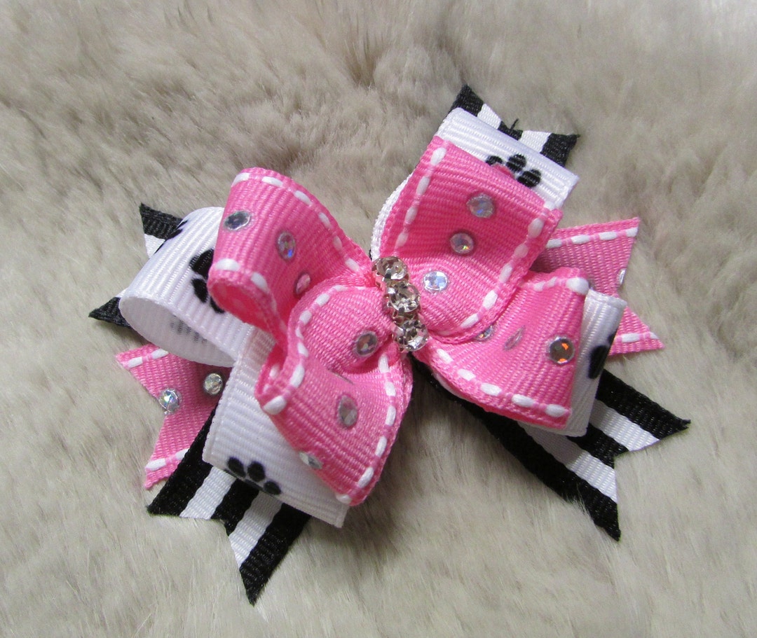 2” Pink Bling Paw Prints Boutique Dog Hair Bow - Yorkie+ Pink White ...