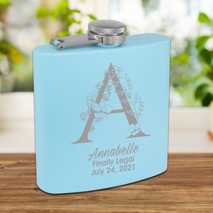 Personalized Matte Baby Blue Flask | Custom Flask | Engraved Pink Flask ...