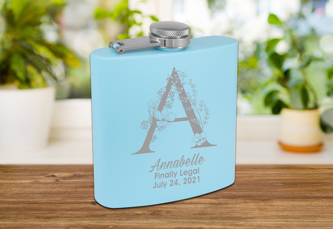 Personalized Matte Baby Blue Flask | Custom Flask | Engraved Pink Flask ...