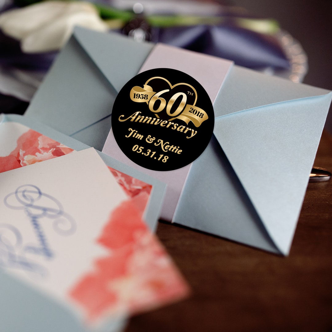 60th Anniversary Stickers, Custom Labels - Round Wedding Labels ...