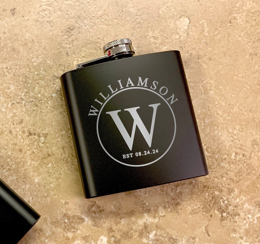Circle Monogram Engraved Flask, Personalized Black Flask, Groomsman Flask, Best Man Flask ...